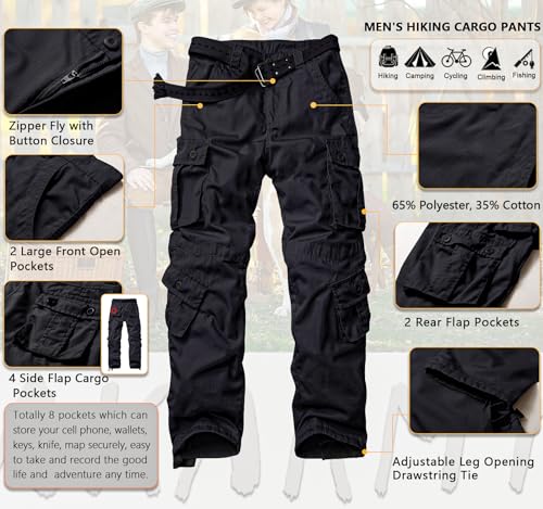 AKARMY Men's Ripstop Wild Cargo Pants, Relaxed Fit Hiking Pants, Army Camo Combat Casual Work Pants with 8 Pockets(No Belt) 3355 Black 38