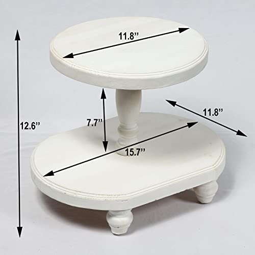 Farmhouse Two Tiered Stand, Round Rustic Wood Two Tiered Tray, Wooden Cake Stand Kitchen Tiered Tray, Decor Serving Tray for Coffee Bar, Kitchen Counter, Dining Room Table (White)