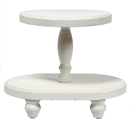 Farmhouse Two Tiered Stand, Round Rustic Wood Two Tiered Tray, Wooden Cake Stand Kitchen Tiered Tray, Decor Serving Tray for Coffee Bar, Kitchen Counter, Dining Room Table (White)