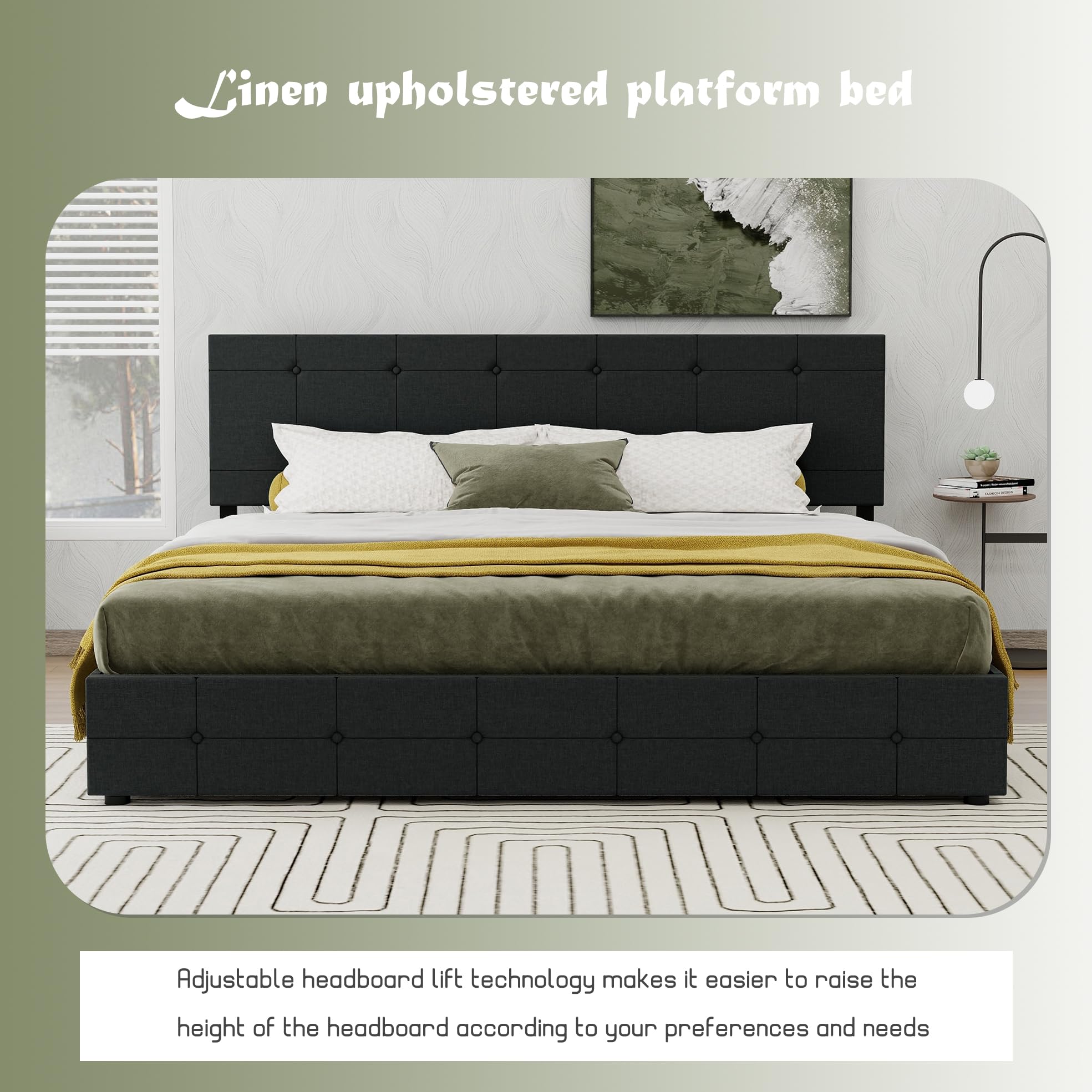 Tuconia Linen Upholstered Platform with 4 Storage Drawers Bed Frame with Headboard and Wooden Slats Support Easy Assembly Queen Size Black