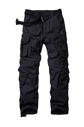 AKARMY Men's Ripstop Wild Cargo Pants, Relaxed Fit Hiking Pants, Army Camo Combat Casual Work Pants with 8 Pockets(No Belt) 3355 Black 38
