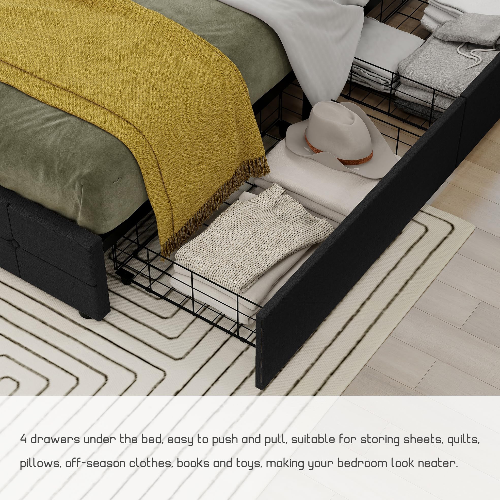 Tuconia Linen Upholstered Platform with 4 Storage Drawers Bed Frame with Headboard and Wooden Slats Support Easy Assembly Queen Size Black
