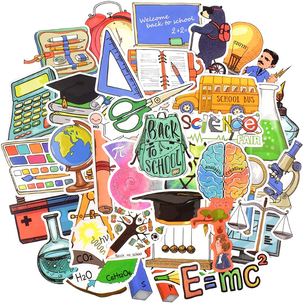QTL School Stickers for Teacher Students Back to School Party Supplies Waterproof Vinyl Stickers for Water Bottles Laptop 50Pcs