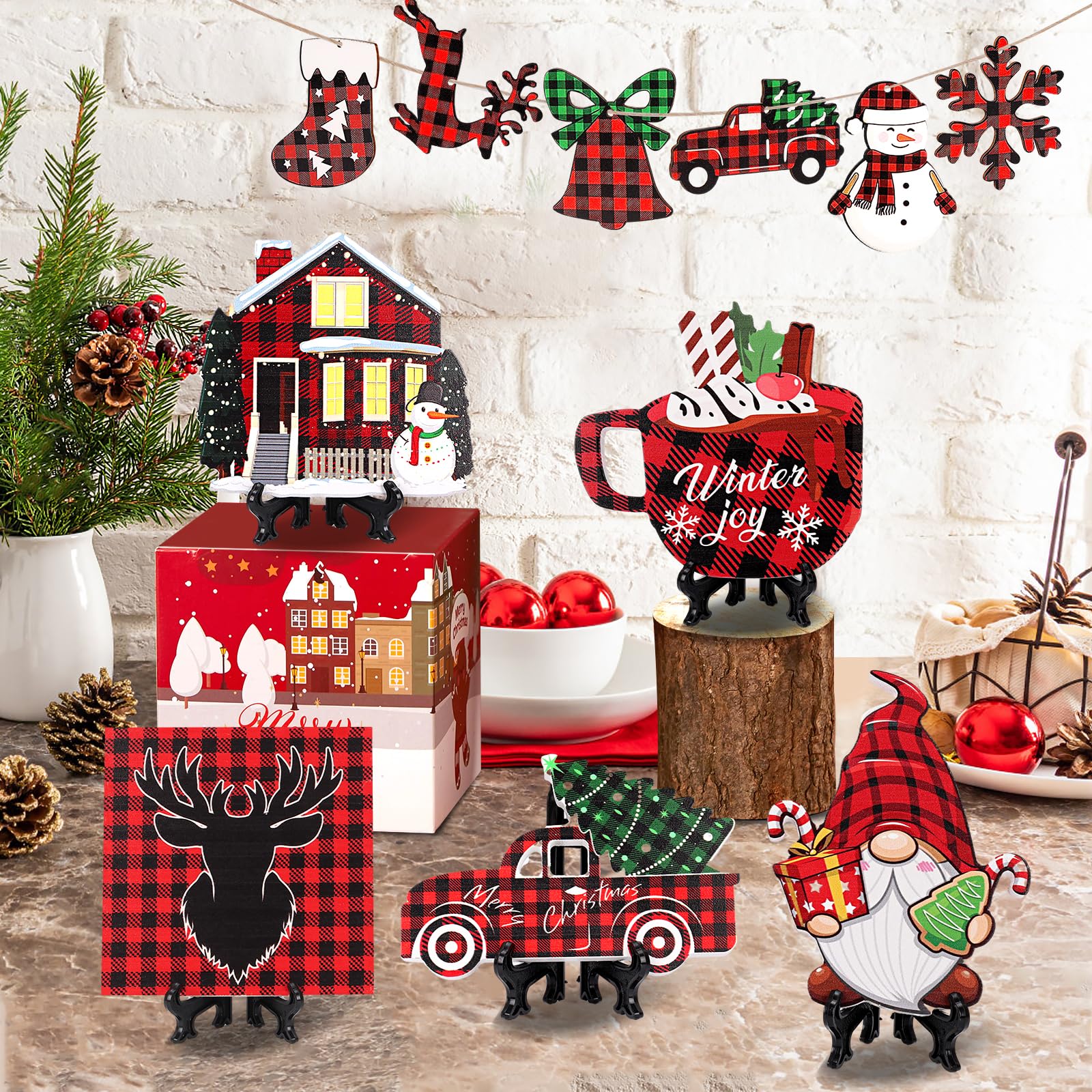 Lucomb 19 Pcs Christmas Tiered Tray Decor Set, Brown Wooden Signs, Farmhouse Rustic Decor, Indoor Kitchen Table Decorations