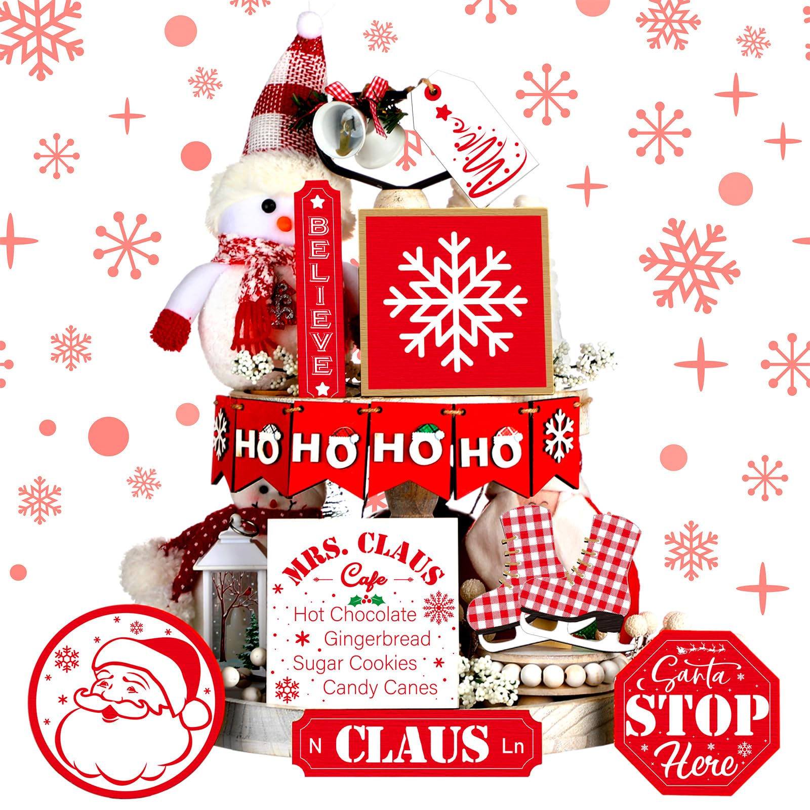 Umigy 14 Pcs Christmas Tiered Tray Decor Set Christmas Wooden Sign Decor Xmas Rustic Santa Claus Snowflake Spice Blocks Winter Table Sign for Christmas Xmas Home Kitchen Holiday
