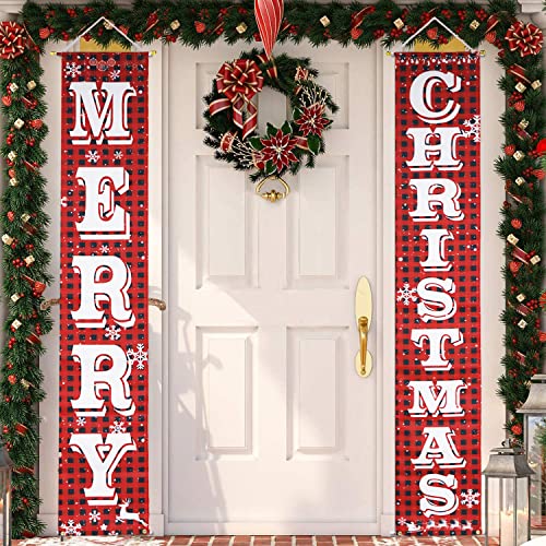 KERIQI Merry Christmas Porch Sign, Buffalo Plaid Christmas Banner for Front Door Fireplace Thanksgiving New Year Holiday Decorations (Merry Christmas)