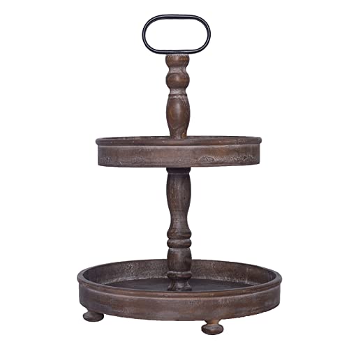 MAONAME Wood Tiered Tray, 2 Tier Brown Farmhouse Decor, Rustic 18in Tray with Metal Handle, 11.8in Two Tier Tray for Coffee Bar, Kitchen, Brown