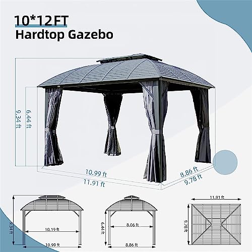 10x12Ft Hardtop Gazebo Aluminum Frame Galvanized Steel Double Roof Patio Gazebo Outdoor Canopy Tent with Zippered Mosquito Netting and Curtains, Black