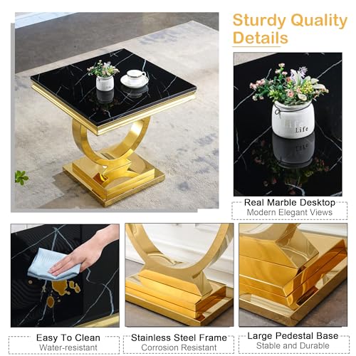 Luxury Real Marble End Table, Modern Mirrored Gold Square Sofa Side Table, Mid Century Elegant End Bedside Table with Stainless Steel Pedestal Base for Living Room Bedroom Couch