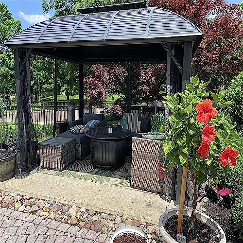 10x12Ft Hardtop Gazebo Aluminum Frame Galvanized Steel Double Roof Patio Gazebo Outdoor Canopy Tent with Zippered Mosquito Netting and Curtains, Black