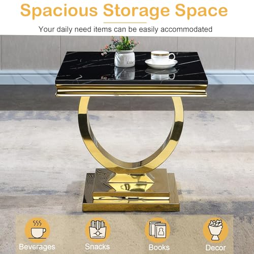 Luxury Real Marble End Table, Modern Mirrored Gold Square Sofa Side Table, Mid Century Elegant End Bedside Table with Stainless Steel Pedestal Base for Living Room Bedroom Couch