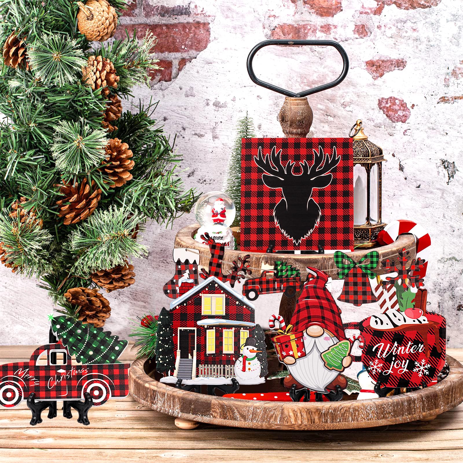 Lucomb 19 Pcs Christmas Tiered Tray Decor Set, Brown Wooden Signs, Farmhouse Rustic Decor, Indoor Kitchen Table Decorations