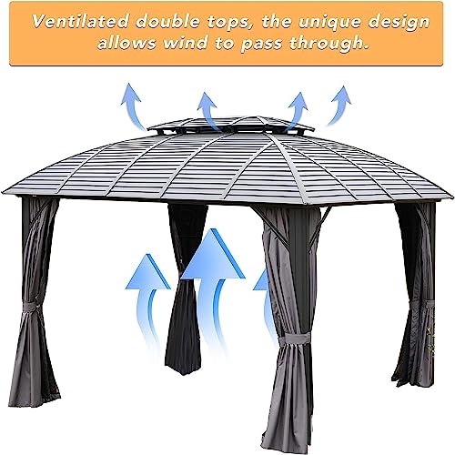 10x12Ft Hardtop Gazebo Aluminum Frame Galvanized Steel Double Roof Patio Gazebo Outdoor Canopy Tent with Zippered Mosquito Netting and Curtains, Black
