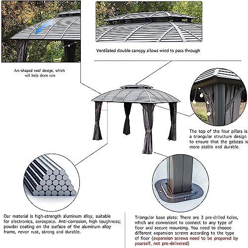 10x12Ft Hardtop Gazebo Aluminum Frame Galvanized Steel Double Roof Patio Gazebo Outdoor Canopy Tent with Zippered Mosquito Netting and Curtains, Black