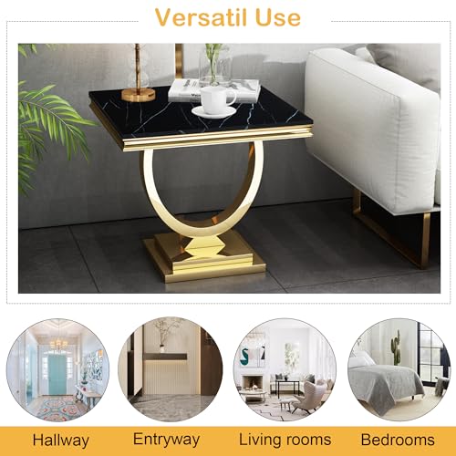 Luxury Real Marble End Table, Modern Mirrored Gold Square Sofa Side Table, Mid Century Elegant End Bedside Table with Stainless Steel Pedestal Base for Living Room Bedroom Couch