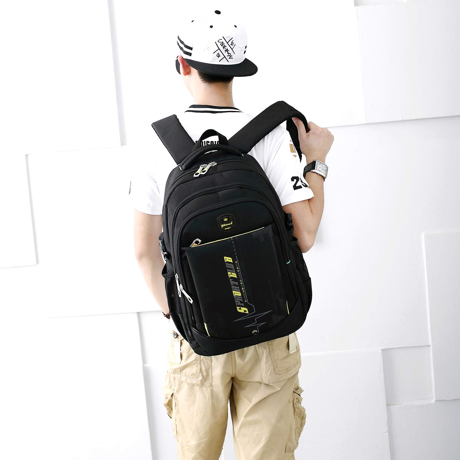 goldwheat School Backpacks Student Bookbag Casual Shoulder Daypack Travel Back Pack for Teen Boys (Black-3)