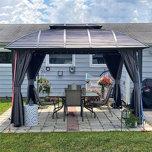 10x12Ft Hardtop Gazebo Aluminum Frame Galvanized Steel Double Roof Patio Gazebo Outdoor Canopy Tent with Zippered Mosquito Netting and Curtains, Black