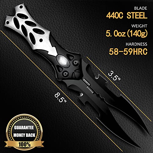 MADSABRE Bundle of 2 Items - Dual Blade Pocket Knife - Bat Design Folding Knife - Perfect for Outdoor Hunting Survival Camping EDC Camping Hiking, Unique Gifts for Men