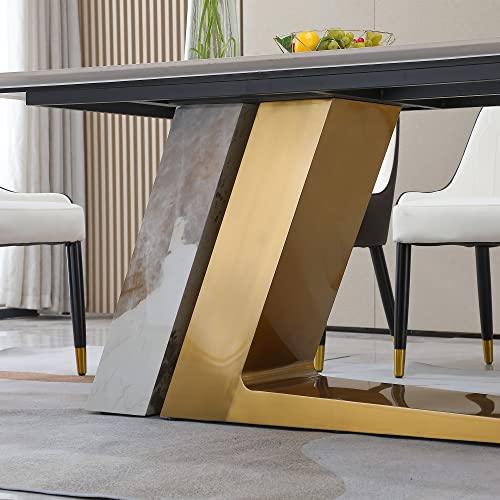 HomSof 71" Contemporary Dining Table Sintered Stone Z Shape Pedestal Base in Gold Finish with 6 pcs Chairs,Gold+White+Black