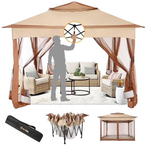 COBIZI 11x11 Pop Up Gazebo Canopy Tent Easy Up Outdoor Gazebo Waterproof Upgrade Portable Gazebo with Mosquito Nettings, Double Vented Roof and Carry Bag for Patio Garden Lawn(Khaki)