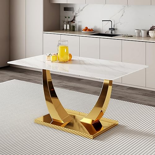 Goderfuu Glass Dining Table for 6 People, 63 inch Modern Kitchen Table with Gold Metal U-Base, White Marble Textured Glass Dining Table Pedestal Dinner Table, Faux Marble Dining Table for Dining Room