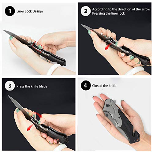 NEDFOSS Pocket Knife for Men, 4-in-1 Multitool Folding Knife with Glass Breaker, Seat Belt Cutter, Bottle Opener, Survival Knife for Emergency Rescue Situations, Home Improvements (FA49)