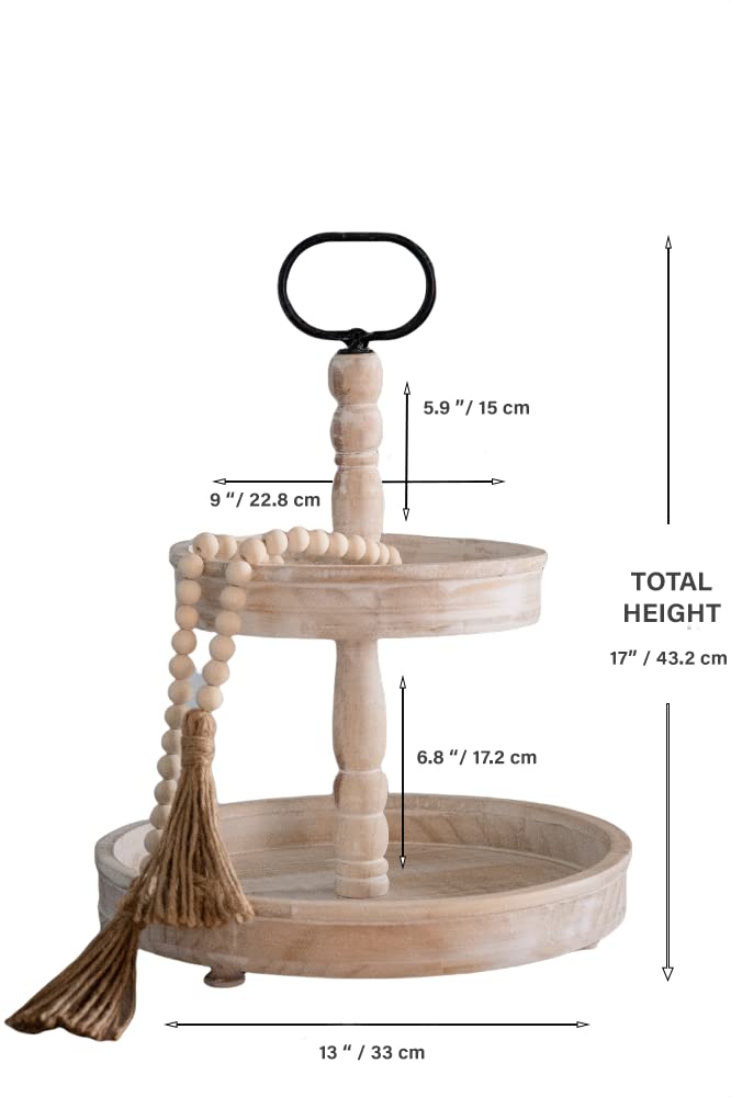 BonzaiKit Two Tier Wood Tray with Wooden Beads - Farmhouse Rustic 2 Tiered Serving Stand for Kitchen & Home Decor - Cupcake Stand with Metal Holder