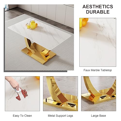 Goderfuu Glass Dining Table for 6 People, 63 inch Modern Kitchen Table with Gold Metal U-Base, White Marble Textured Glass Dining Table Pedestal Dinner Table, Faux Marble Dining Table for Dining Room