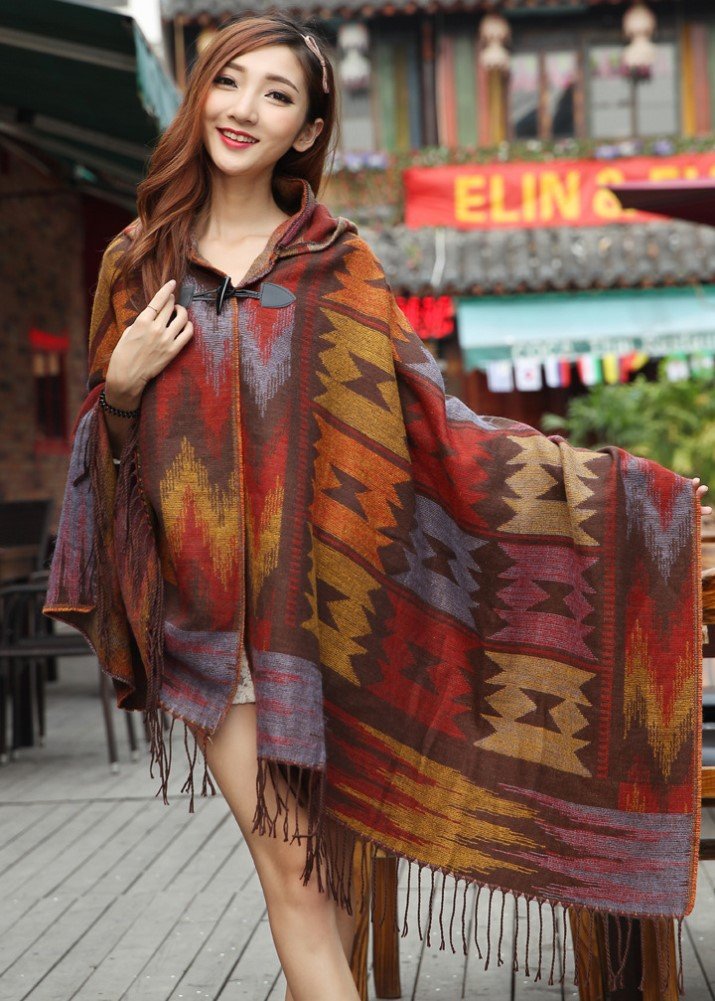YEESAM Hoodie Poncho Bohemian Blanket, Hooded Shawl Cape Cloak Scarf Tassel