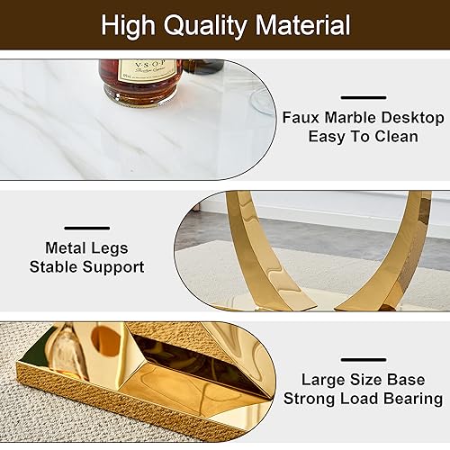 Goderfuu Glass Dining Table for 6 People, 63 inch Modern Kitchen Table with Gold Metal U-Base, White Marble Textured Glass Dining Table Pedestal Dinner Table, Faux Marble Dining Table for Dining Room