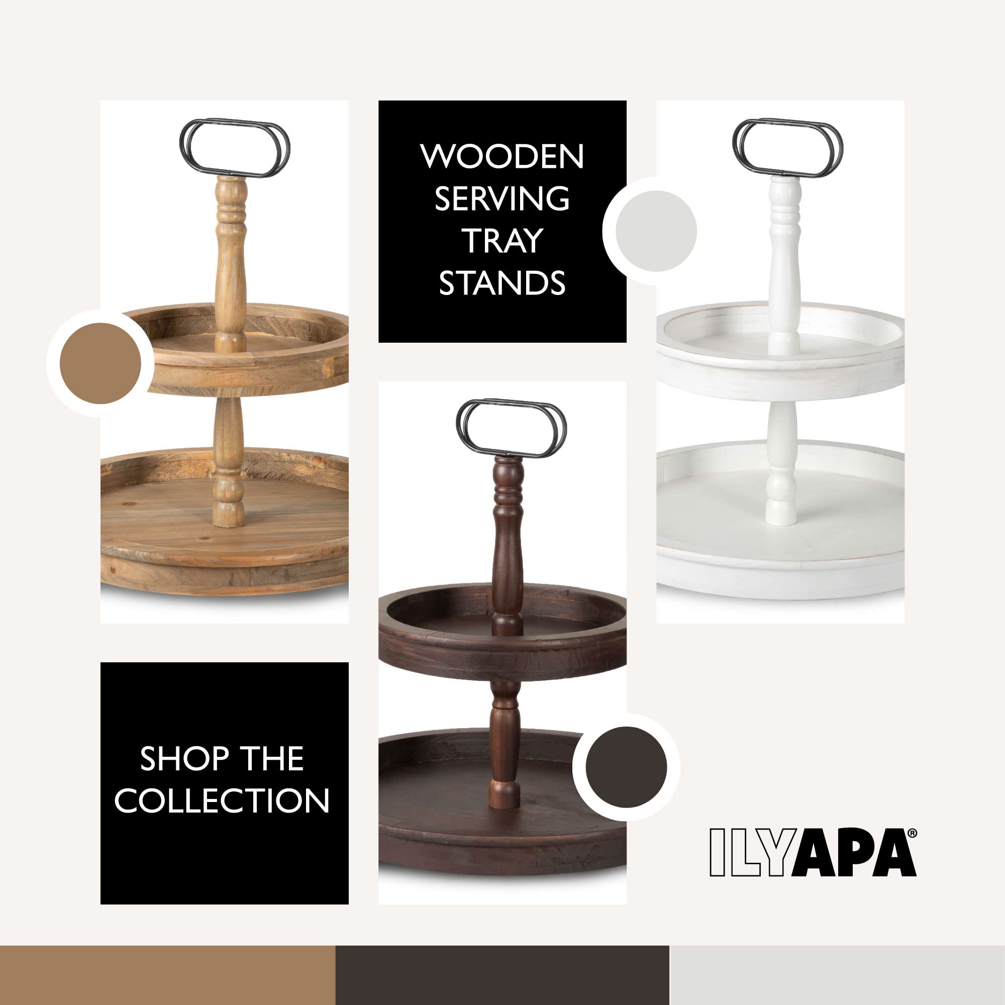 Ilyapa Decorative Farmhouse Tiered Serving Tray Stand - 2 Tier Rustic Wooden Serving Stand with Handle - White, 16 x 14.5 x 14.5