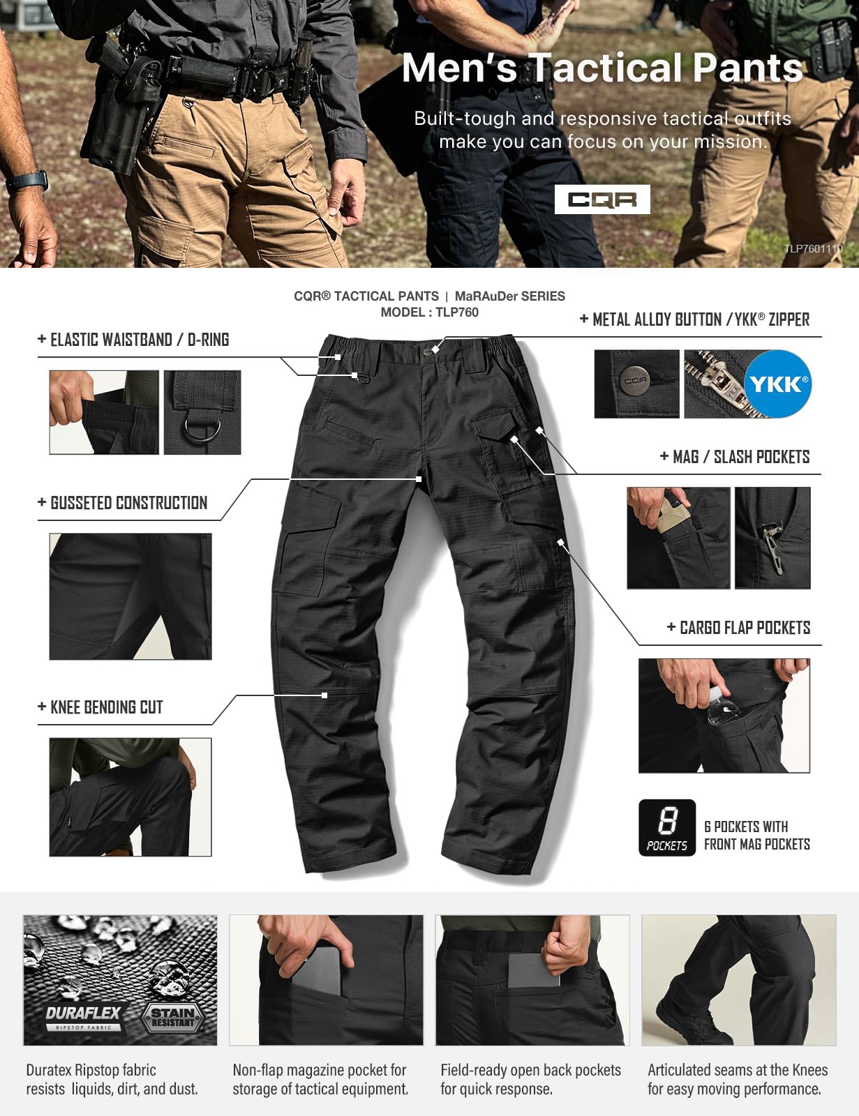 CQR Men's Flex Ripstop Tactical Pants, Water Resistant Stretch Cargo Pants, Lightweight EDC Hiking Work Pants, Dura Flex Mag Pocket Black, 40W x 34L