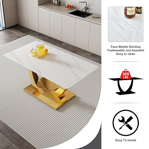 Goderfuu Glass Dining Table for 6 People, 63 inch Modern Kitchen Table with Gold Metal U-Base, White Marble Textured Glass Dining Table Pedestal Dinner Table, Faux Marble Dining Table for Dining Room