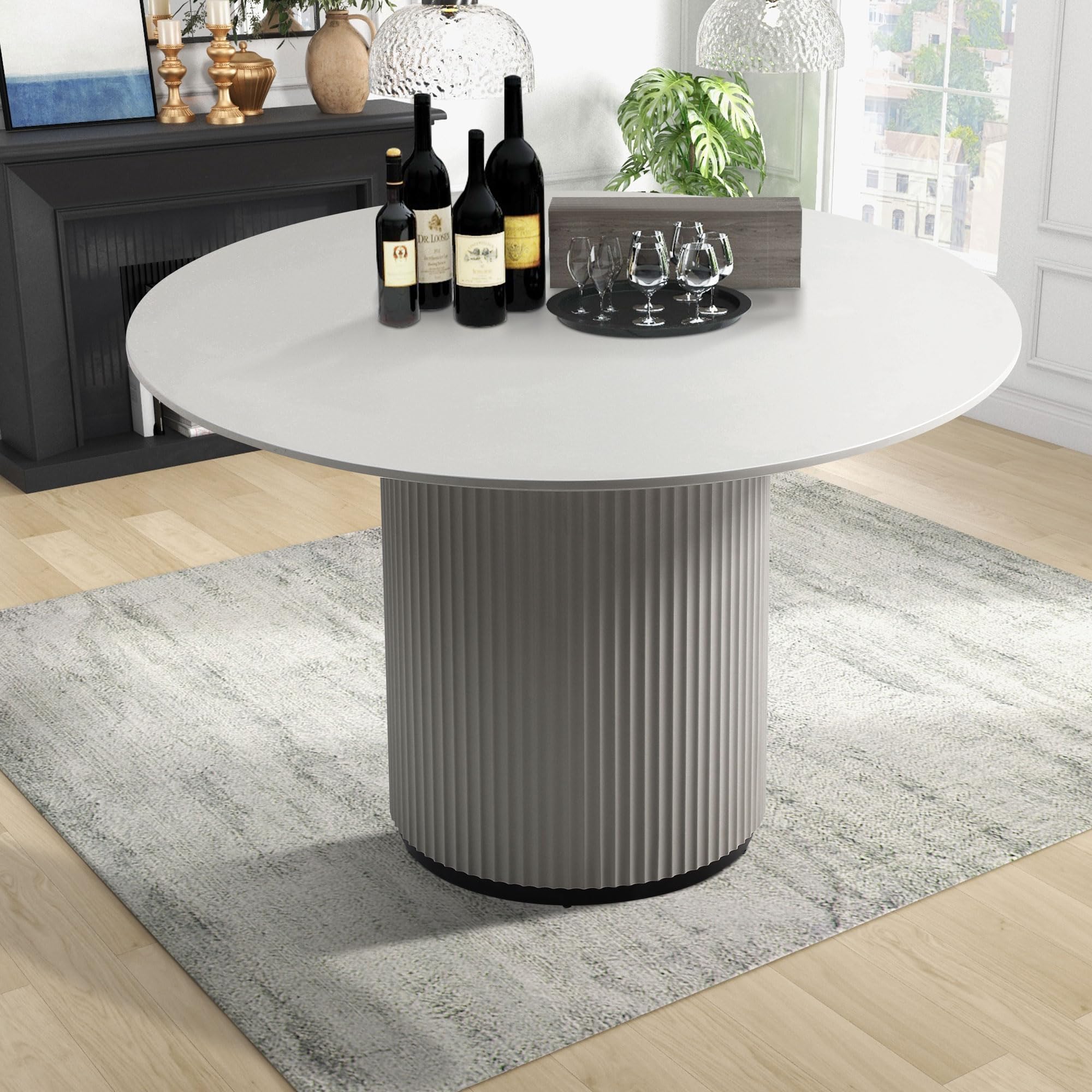 LyuHome 47.24" Round Wood Dining Table, Modern Kitchen Table with Wooden Pedestal Base, Mid Century Circular Tabletop Leisure Coffee Table Dining Room Table Furniture φ47.24"x29.52"H Grey
