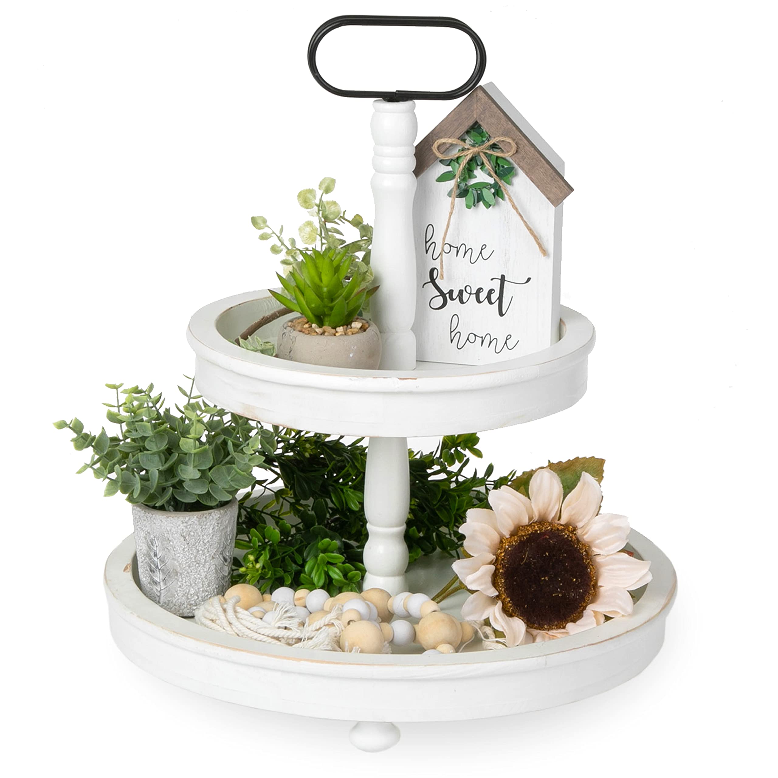 Ilyapa Decorative Farmhouse Tiered Serving Tray Stand - 2 Tier Rustic Wooden Serving Stand with Handle - White, 16 x 14.5 x 14.5