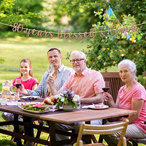Aonbon Glitter 80 Years Blessed & Loved Banner - 80th Birthday / 80th Anniversary Banner, 80th Birthday / 80th Anniversary Party Decorations - Rose Gold (80)