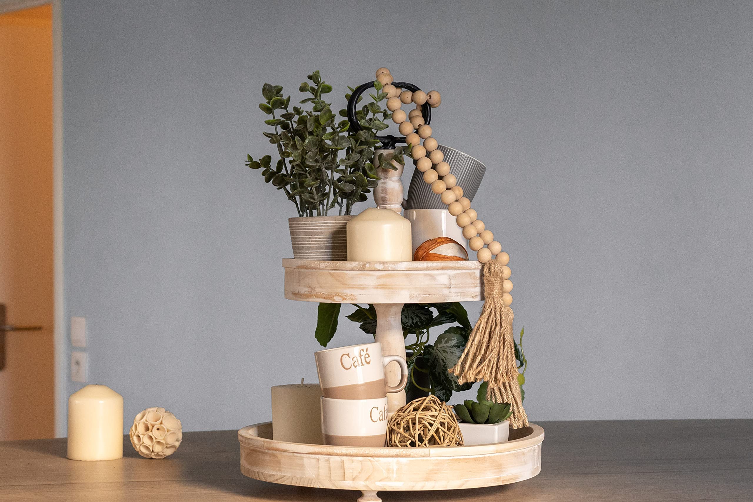 BonzaiKit Two Tier Wood Tray with Wooden Beads - Farmhouse Rustic 2 Tiered Serving Stand for Kitchen & Home Decor - Cupcake Stand with Metal Holder