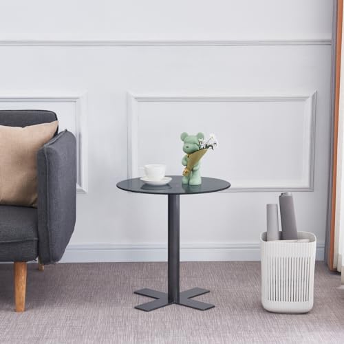 HoRunzelin Modern Round End Table, Tempered Black Glass Small Side Table for Living Room Bedroom, Rustic Snack Accent Table, Black