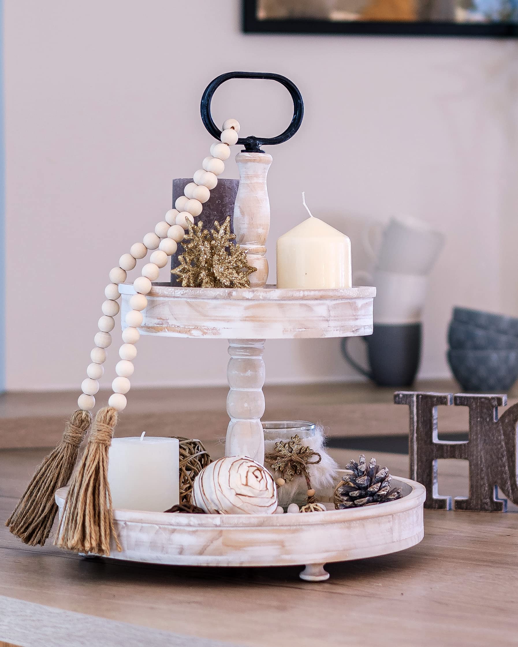 BonzaiKit Two Tier Wood Tray with Wooden Beads - Farmhouse Rustic 2 Tiered Serving Stand for Kitchen & Home Decor - Cupcake Stand with Metal Holder