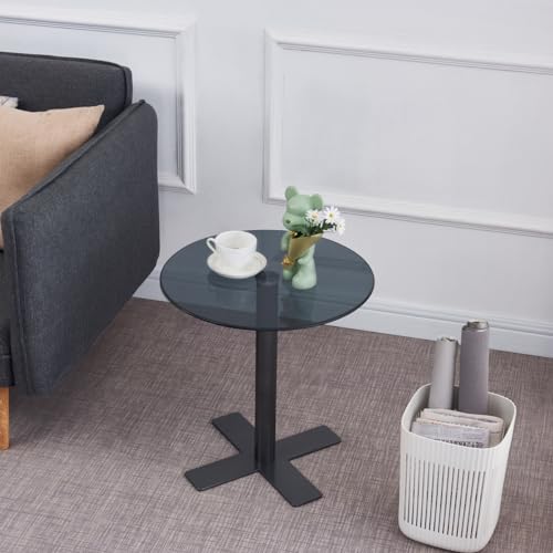HoRunzelin Modern Round End Table, Tempered Black Glass Small Side Table for Living Room Bedroom, Rustic Snack Accent Table, Black