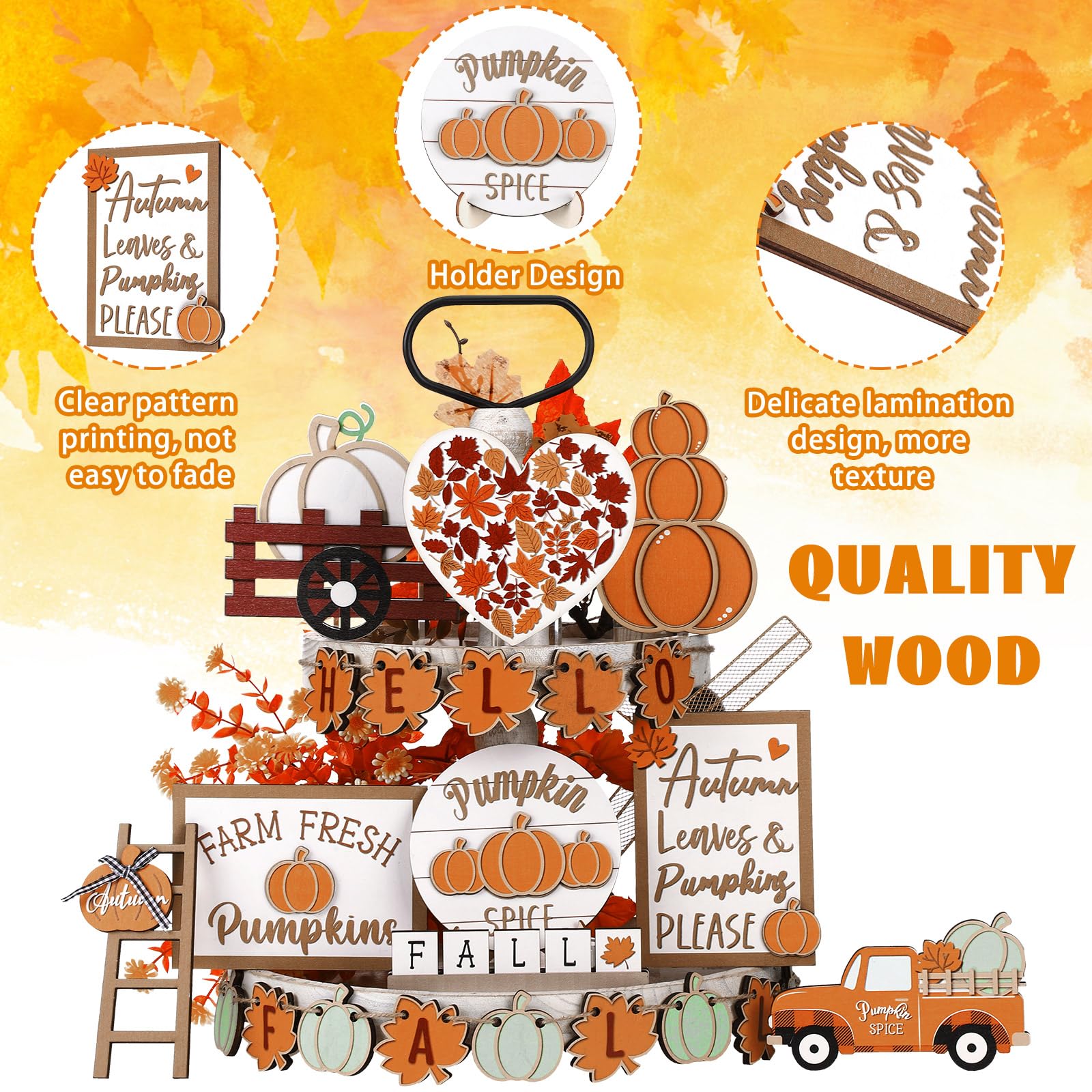23-Piece Fall Tiered Tray Decoration Set - Thanksgiving Pumpkin Maple Leaf Truck Wooden Sign Rustic Farmhouse Tray Decoration Tabletop Sign Holiday