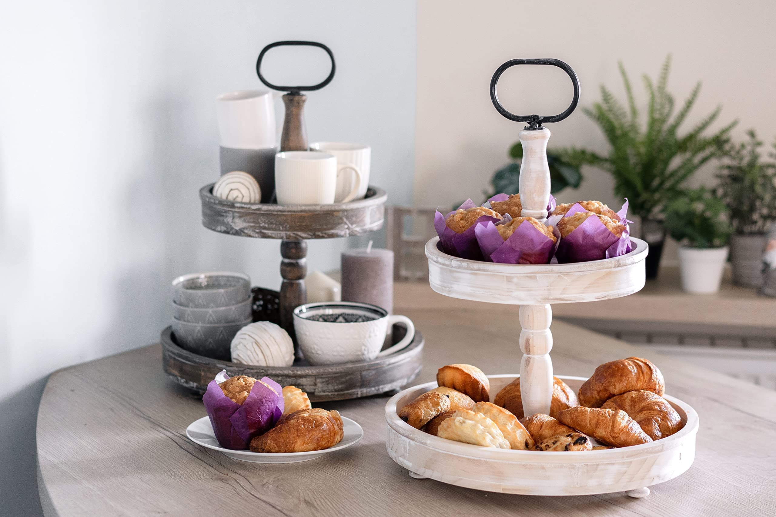 BonzaiKit Two Tier Wood Tray with Wooden Beads - Farmhouse Rustic 2 Tiered Serving Stand for Kitchen & Home Decor - Cupcake Stand with Metal Holder