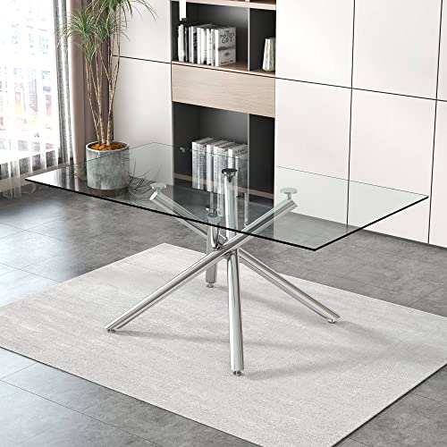 Maotifeys 63" Modern Glass Dining Table for 6 4,Kitchen Table Rectangle Tempered Glass Top Dining Room Table w/Silver X Shape Stainless Steel Pedestal Base,Glass Dinner Table for Kitchen Dining Room