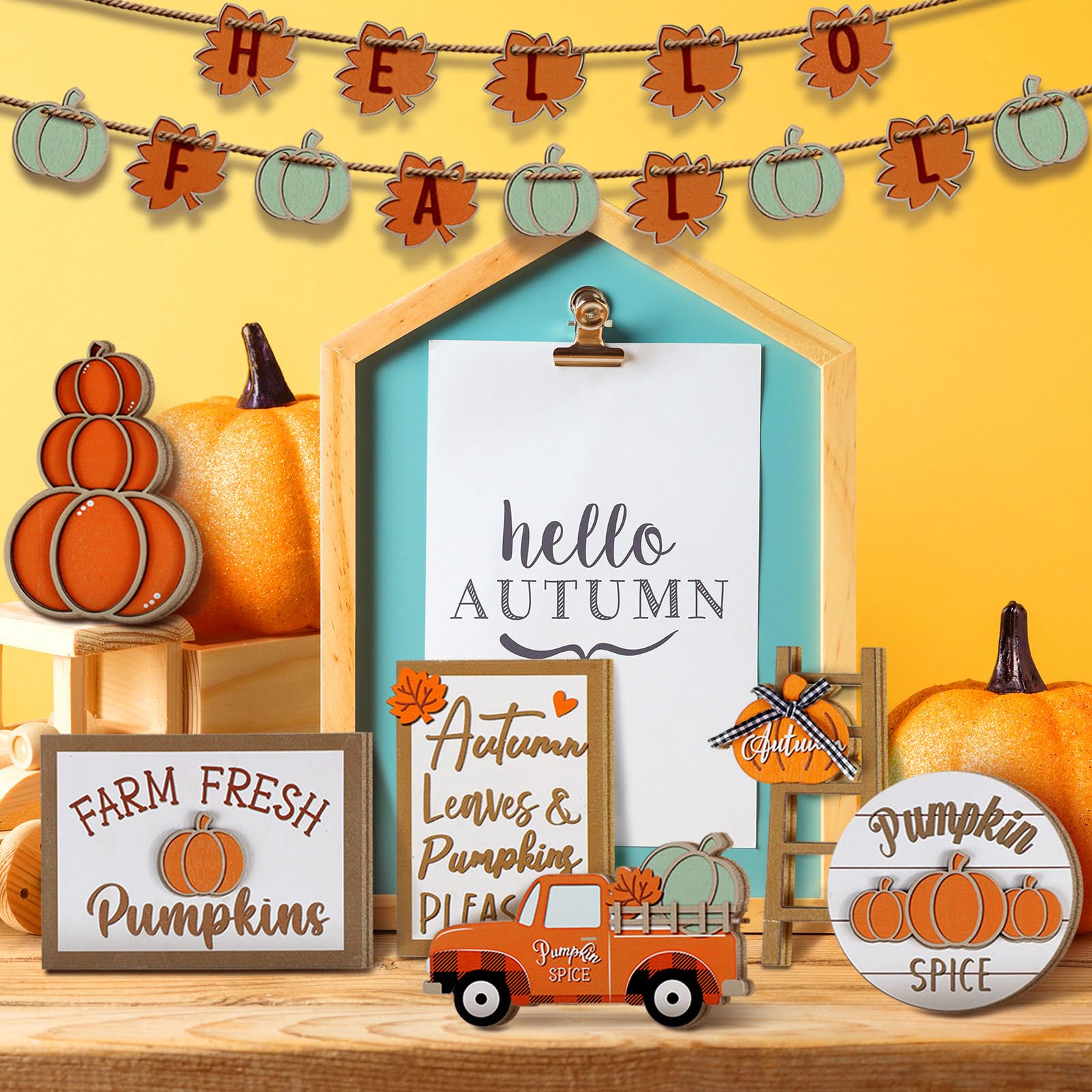 23-Piece Fall Tiered Tray Decoration Set - Thanksgiving Pumpkin Maple Leaf Truck Wooden Sign Rustic Farmhouse Tray Decoration Tabletop Sign Holiday