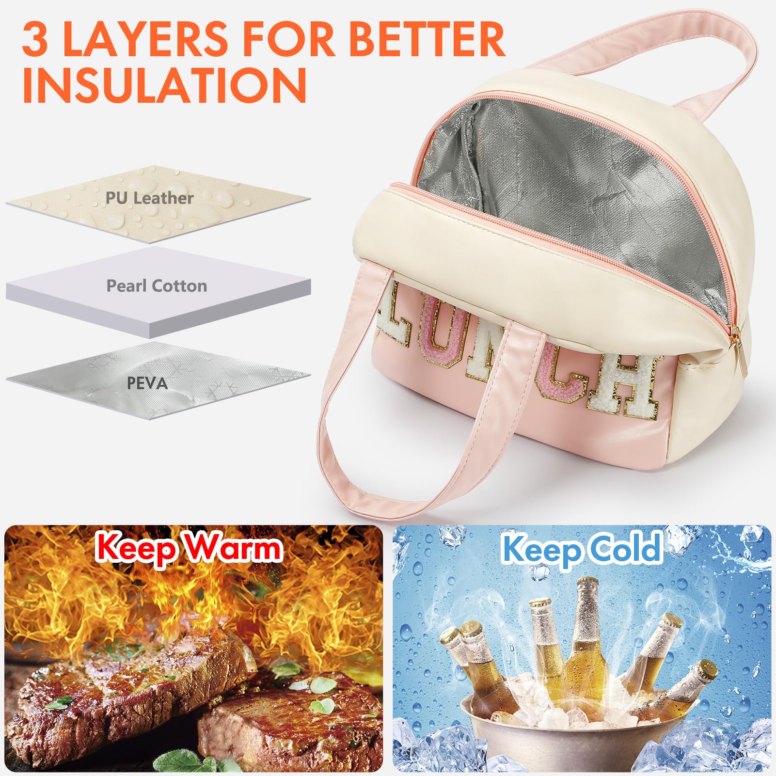 Lunch Bag for Women Insulated Lunch Bag For Men PU leather Small Lunch Bag for Office Work lunch Bag with Chenille Letters Leakproof Freezable Cooler Bag Reusable Portable Lunch Box (White&Pink)