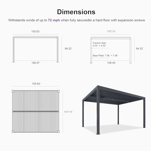 PURPLE LEAF Louvered Pergola 10' x 13' Outdoor Aluminum Pergola with Adjustable Roof for Deck Backyard Garden Grey Hardtop Gazebo