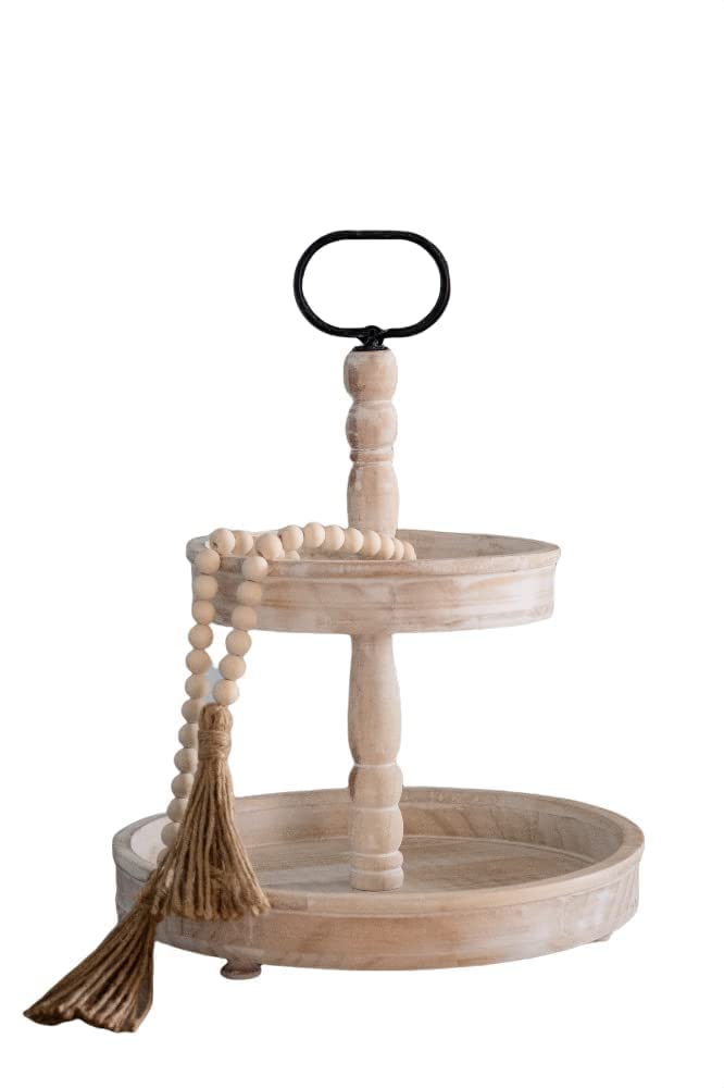 BonzaiKit Two Tier Wood Tray with Wooden Beads - Farmhouse Rustic 2 Tiered Serving Stand for Kitchen & Home Decor - Cupcake Stand with Metal Holder