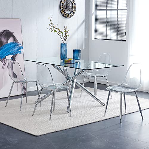 Maotifeys 63" Modern Glass Dining Table for 6 4,Kitchen Table Rectangle Tempered Glass Top Dining Room Table w/Silver X Shape Stainless Steel Pedestal Base,Glass Dinner Table for Kitchen Dining Room