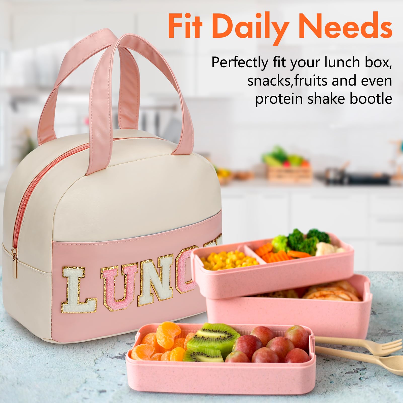Lunch Bag for Women Insulated Lunch Bag For Men PU leather Small Lunch Bag for Office Work lunch Bag with Chenille Letters Leakproof Freezable Cooler Bag Reusable Portable Lunch Box (White&Pink)
