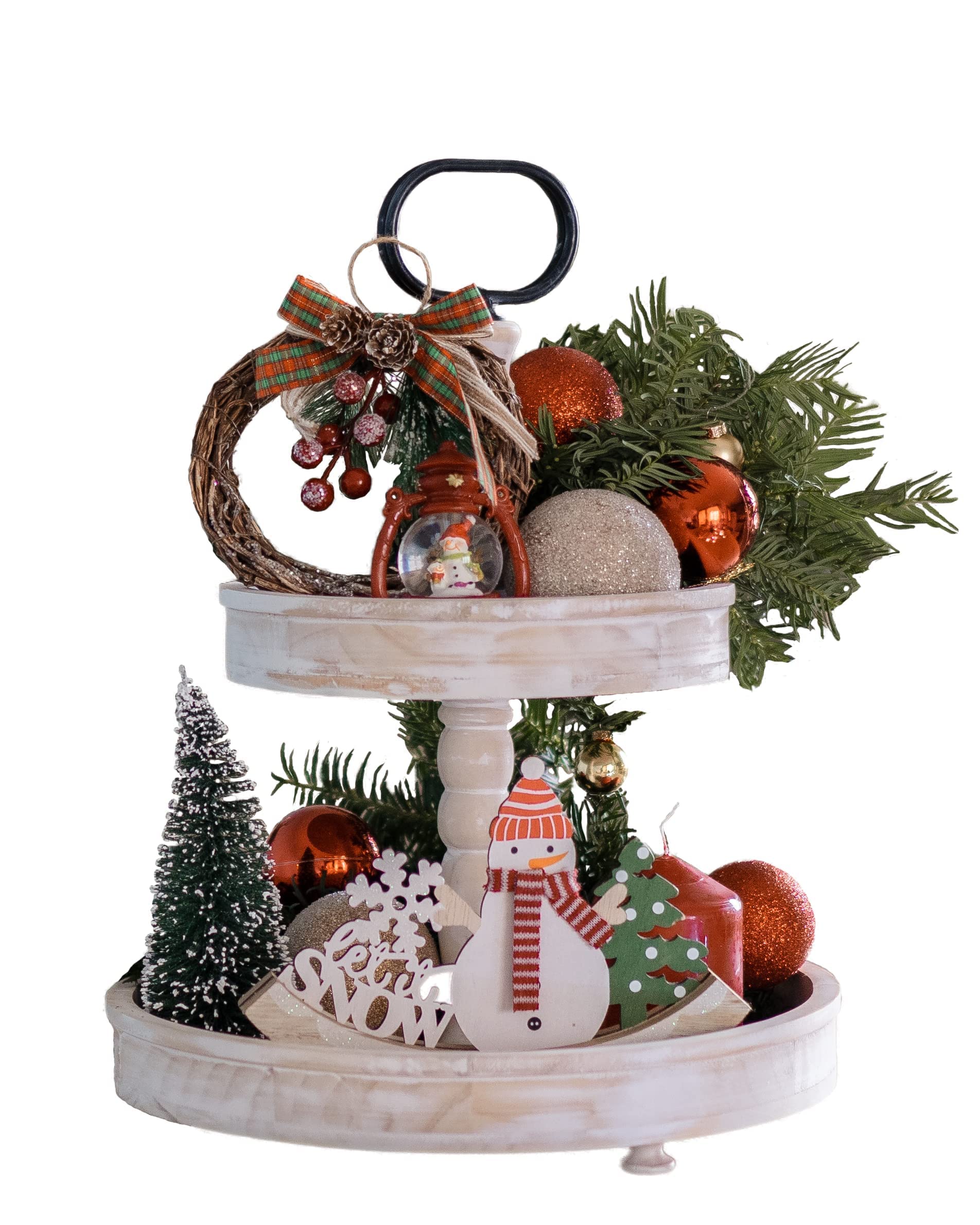 BonzaiKit Two Tier Wood Tray with Wooden Beads - Farmhouse Rustic 2 Tiered Serving Stand for Kitchen & Home Decor - Cupcake Stand with Metal Holder